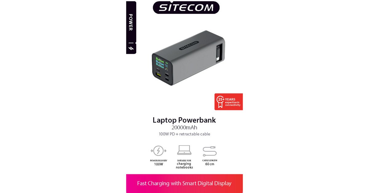 Sitecom 100W Power Delivery Powerbank voor laptop Donkergrijs, 20.000mAh