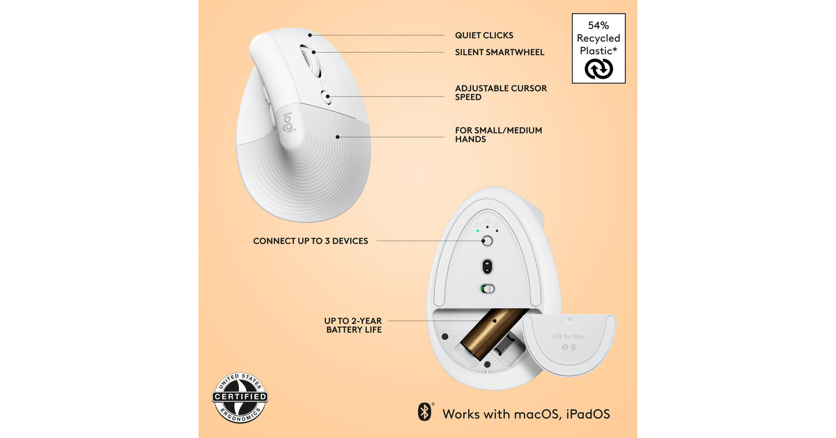 Logitech Lift voor Mac Verticale Ergonomische Muis Wit, 400 - 4000 dpi ...