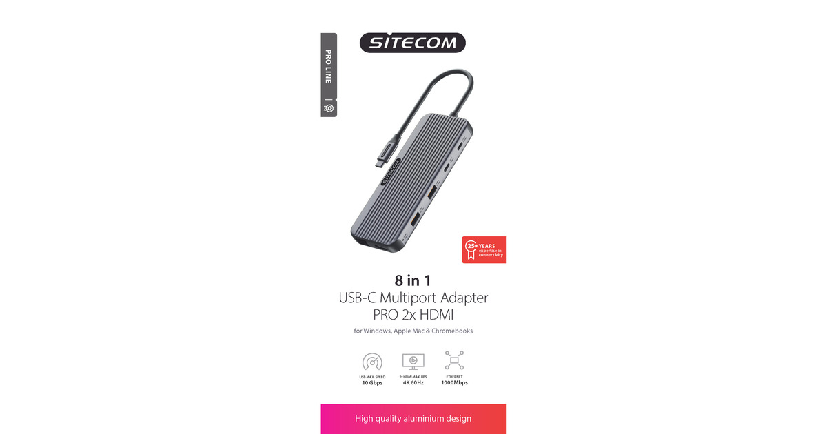 Sitecom 8 in 1 USB-C Power Delivery Multiport Adapter Pro 2x HDMI ...