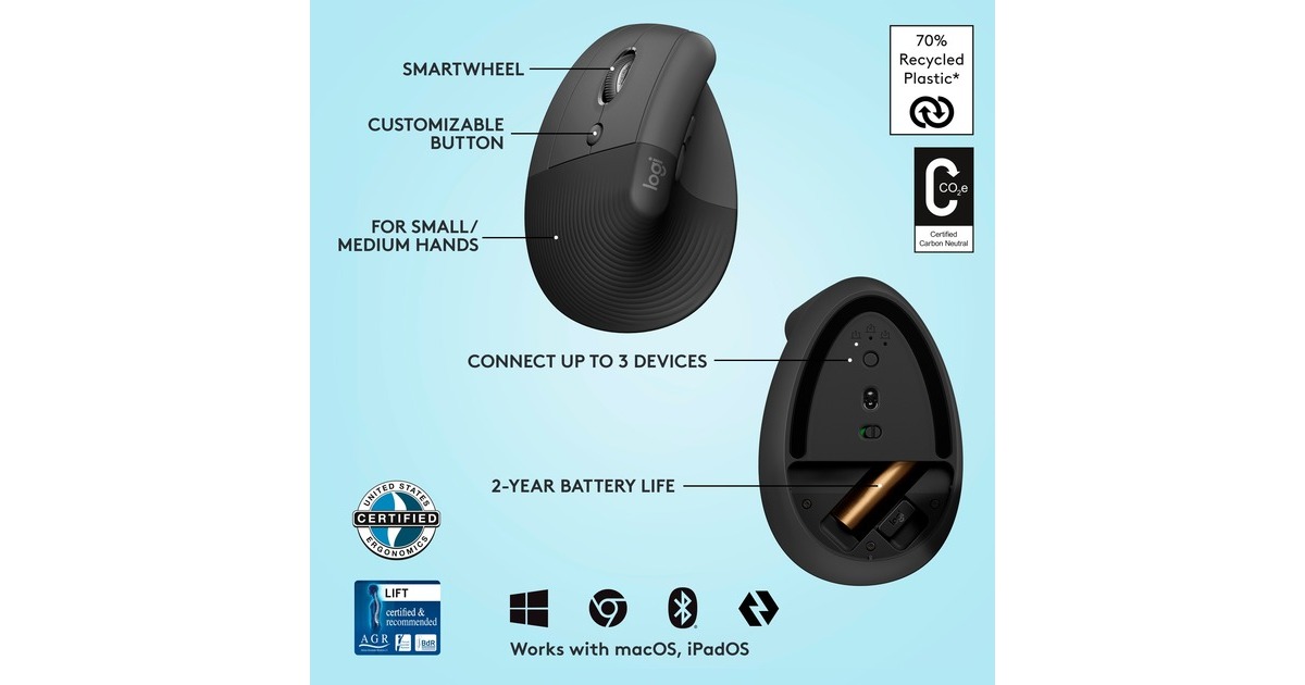 Logitech Lift Vertical Ergonomische Muis - Linkshandig Grafiet/zwart ...