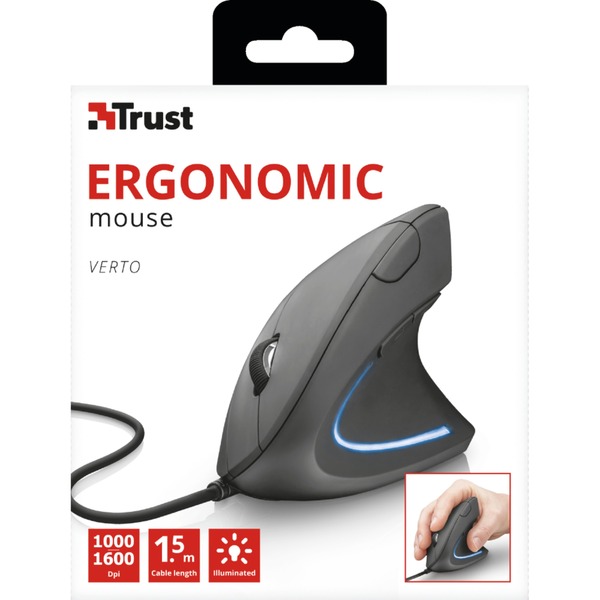 Trust Verto Ergonomic Mouse Zwart, 22885, 1000 - 1600 dpi, Blauwe led